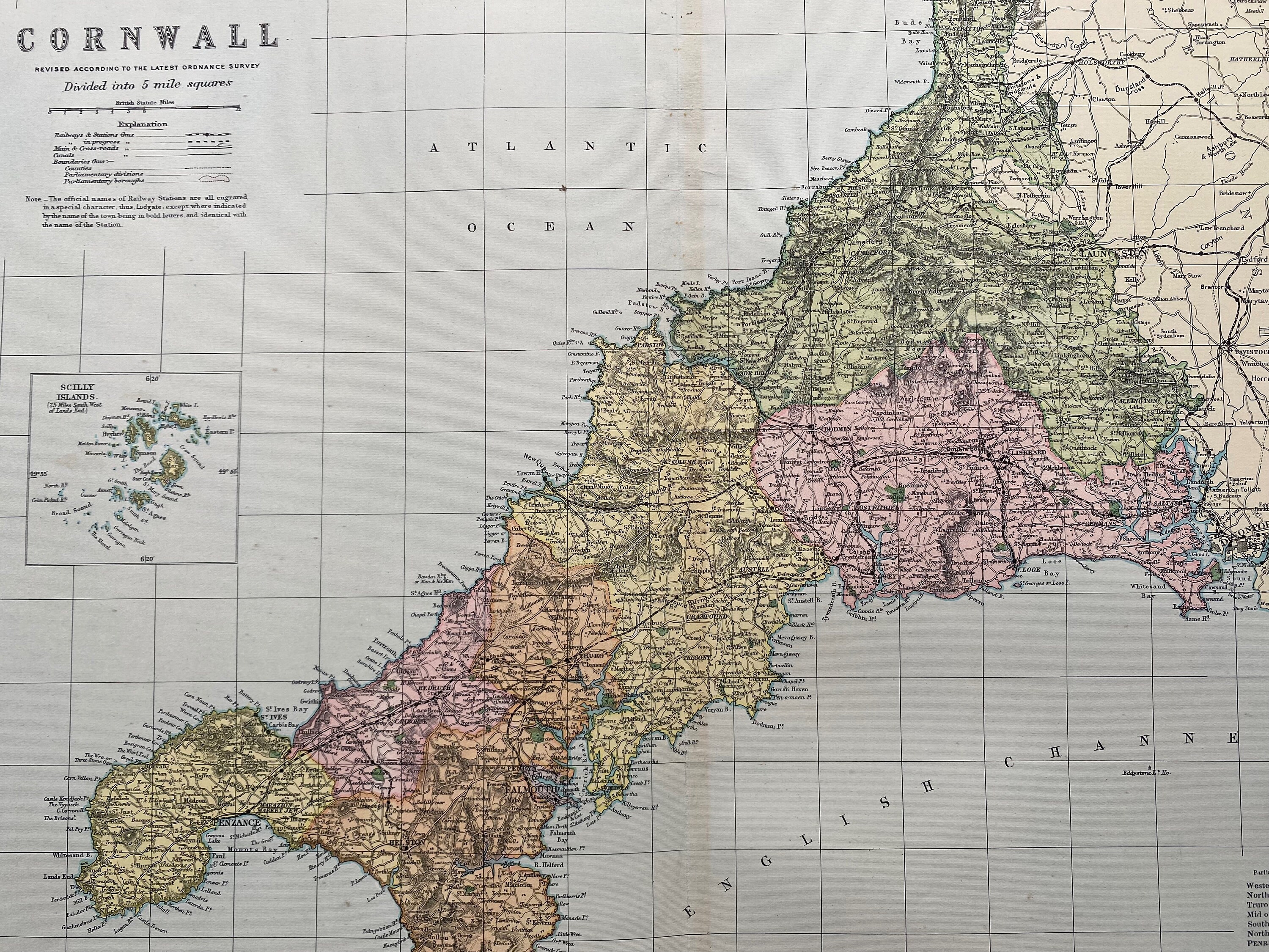 1902 Cornwall Original Antique Map showing Railways, Stations ...