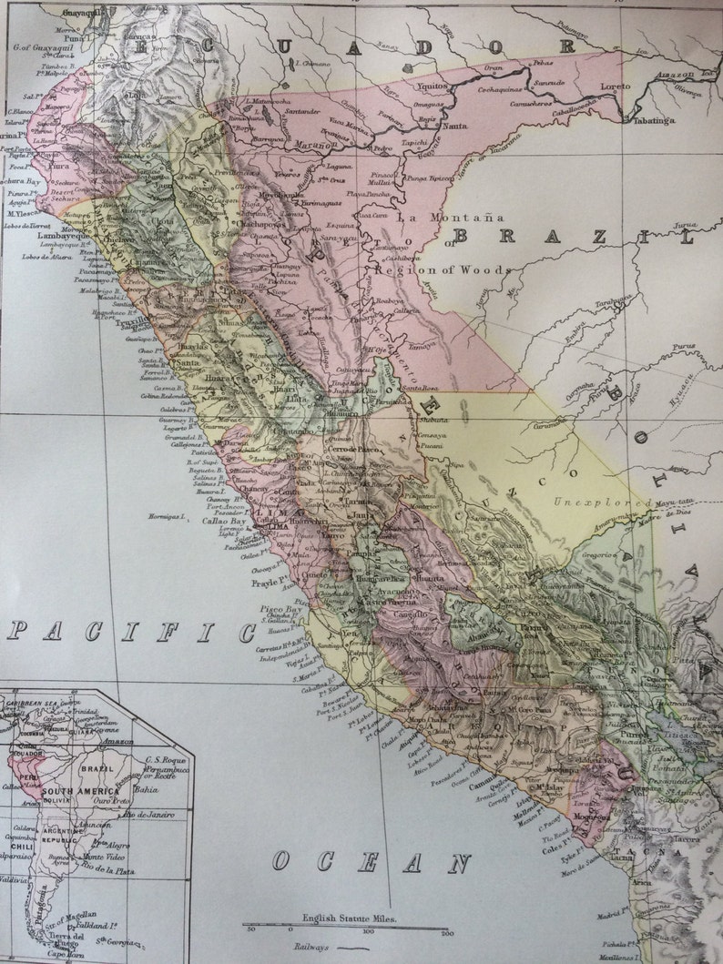 1875 Peru Original Antique Map South America Vintage Wall | Etsy