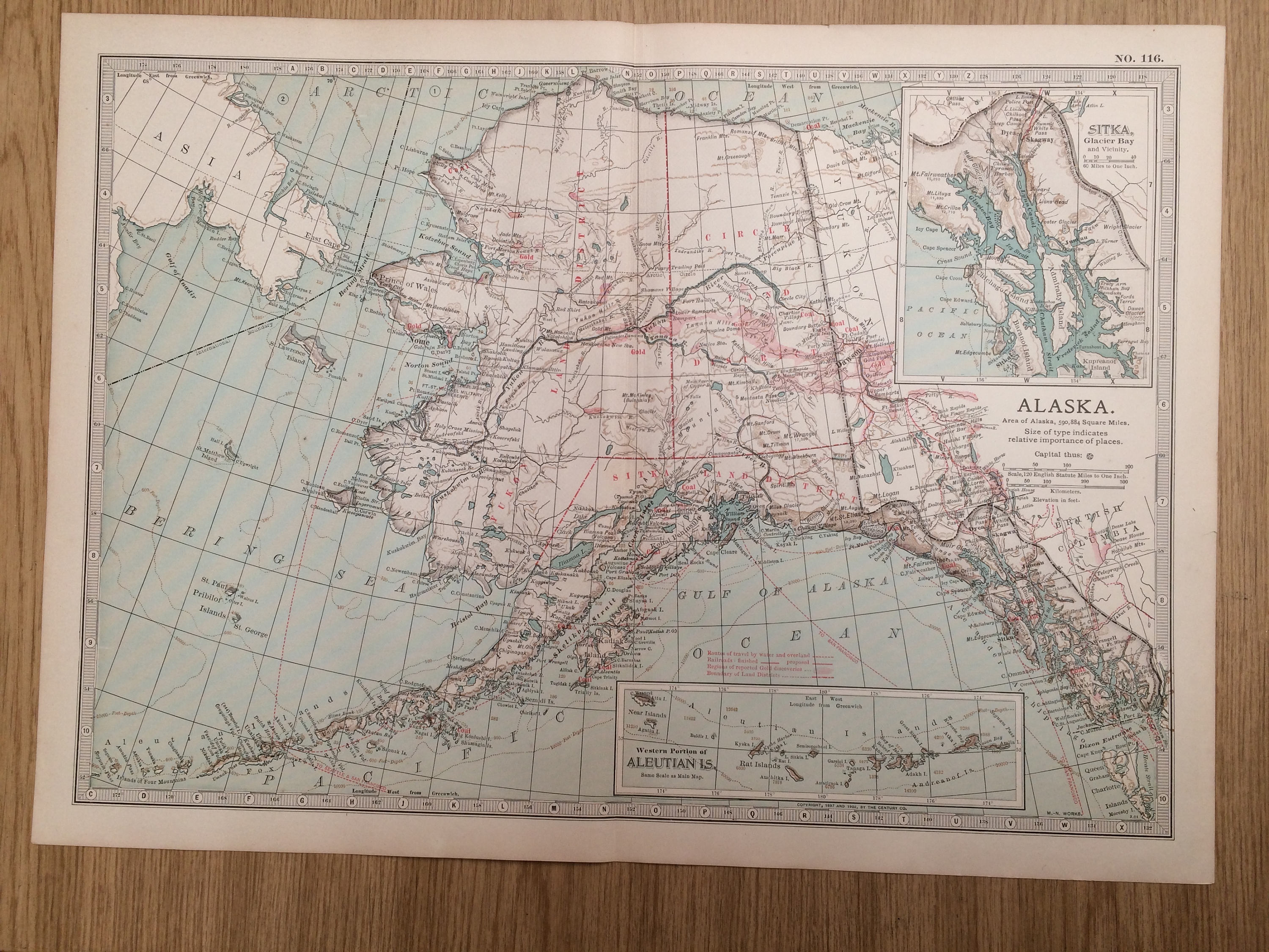 1903 ALASKA Large Original Antique Map with inset maps of Sitka ...