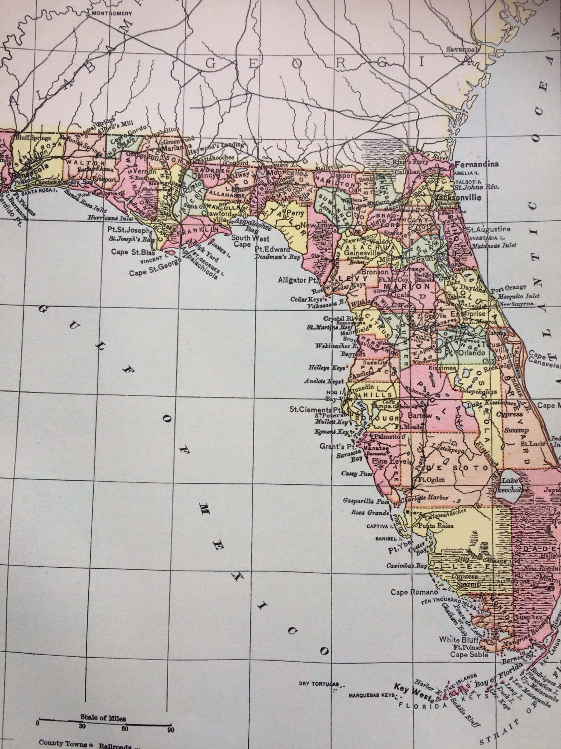 1875 FLORIDA original antique map, cartography, geography, wall decor ...