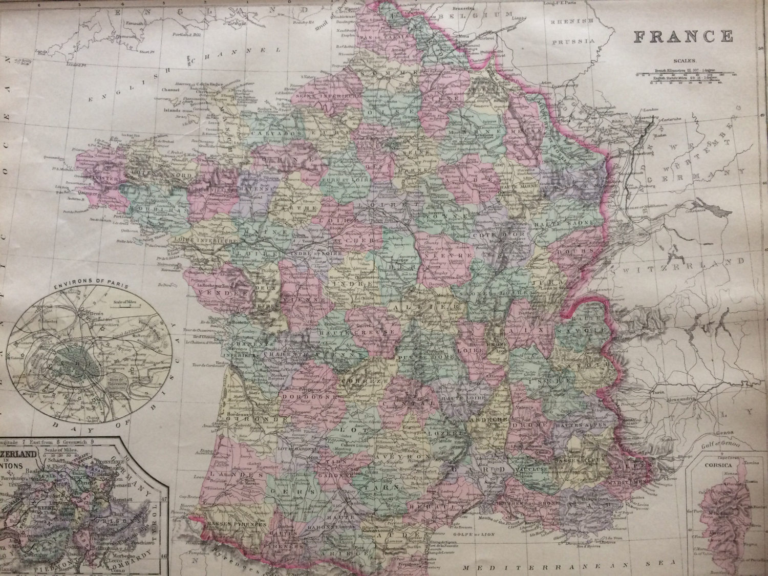 1888 FRANCE large rare original antique Mitchell Map with inset maps of ...