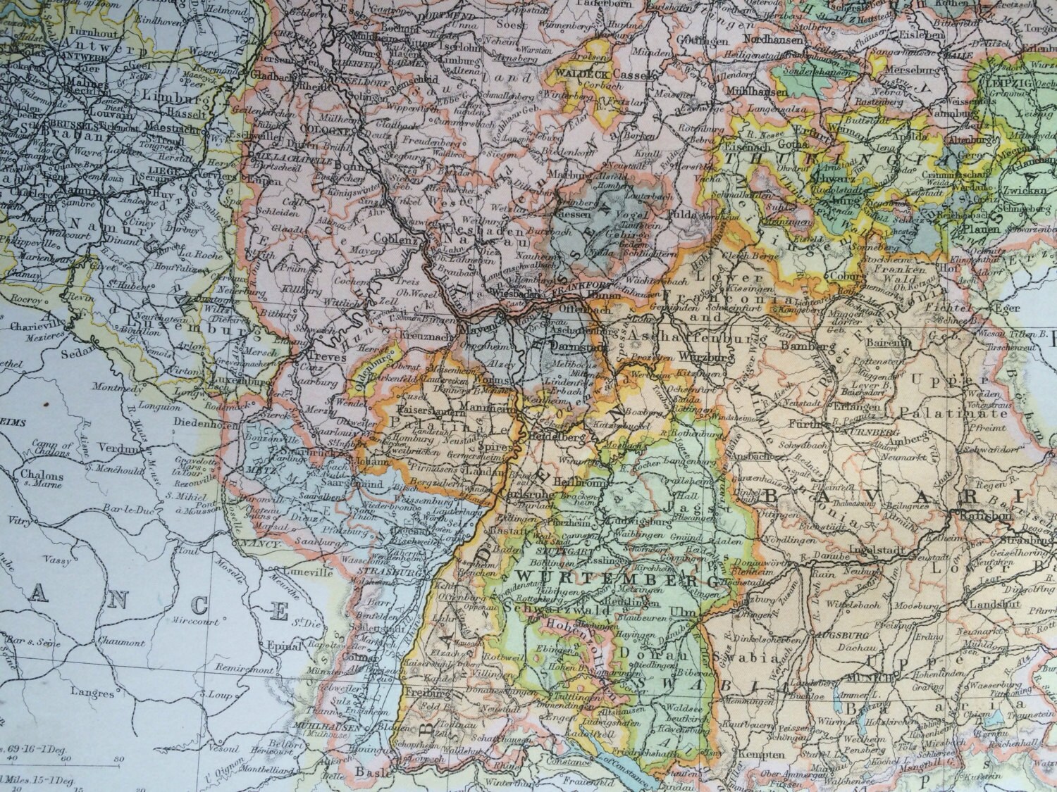 1898 GERMAN EMPIRE Large Original Antique Map, 14 x 18.5 inches ...