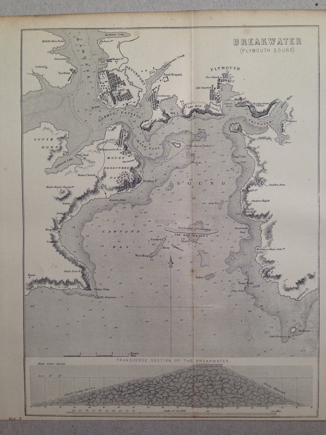 1880 PLYMOUTH BREAKWATER map, antique, original, historical, vintage