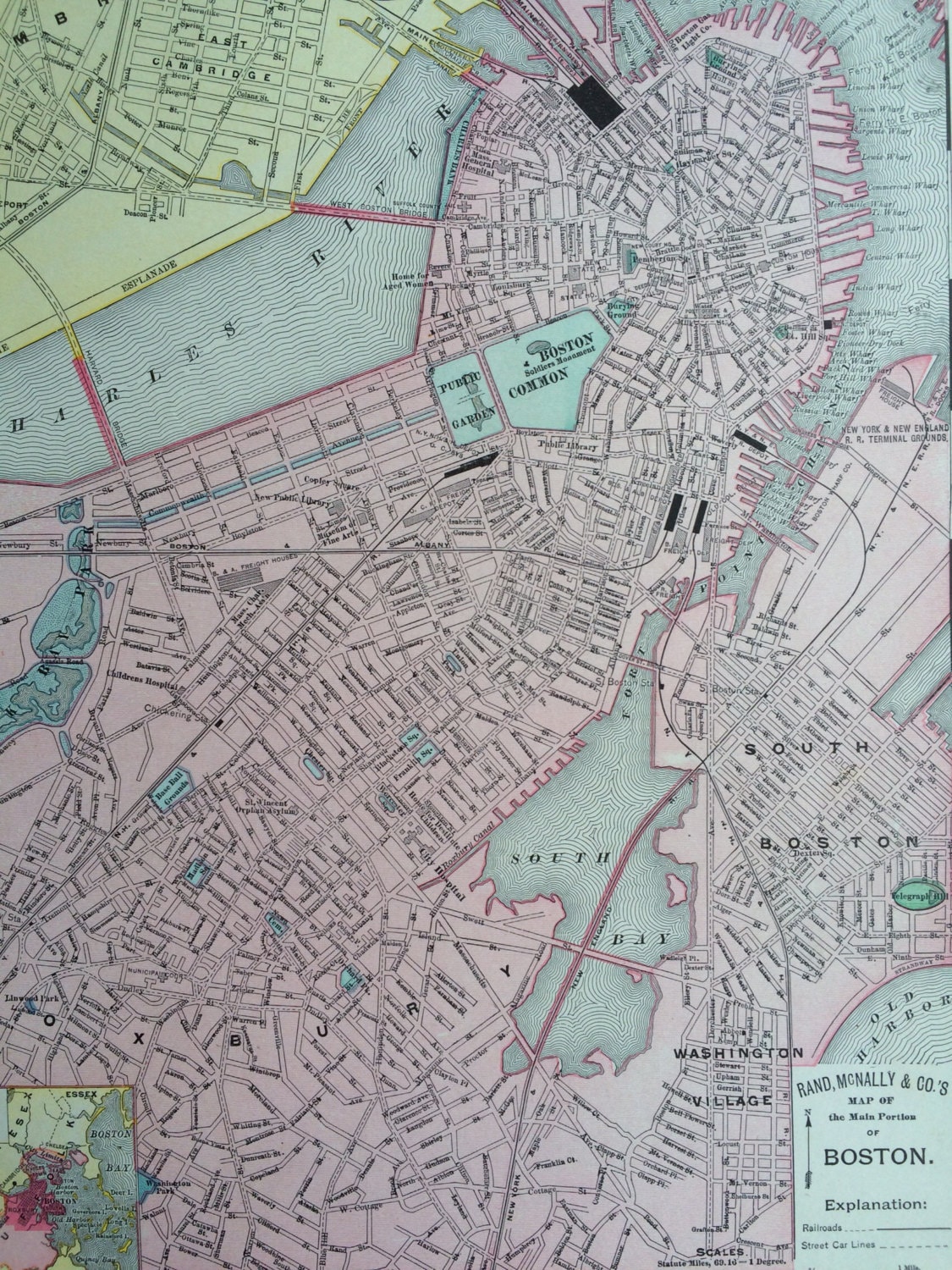 1898 BOSTON Original Antique City Plan Map, 11 x 14 inches, Rand ...