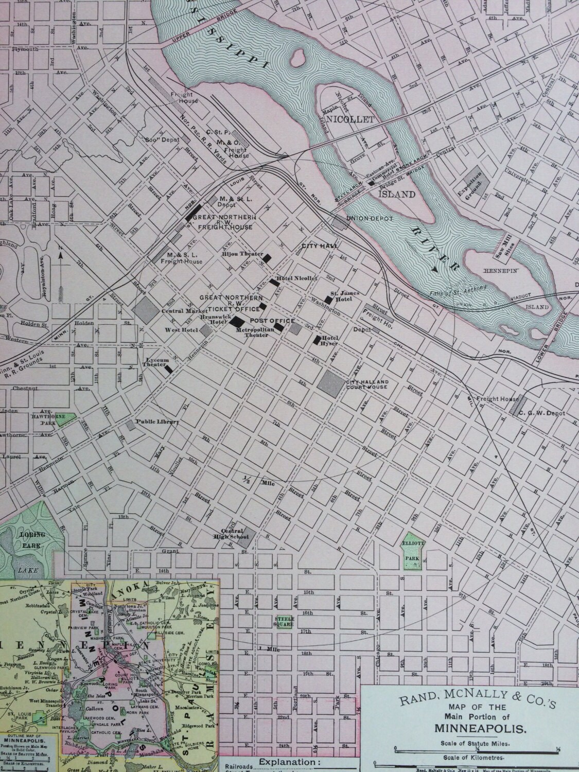 1898 MINNEAPOLIS Original Antique City Plan Map, 11 x 14 inches ...