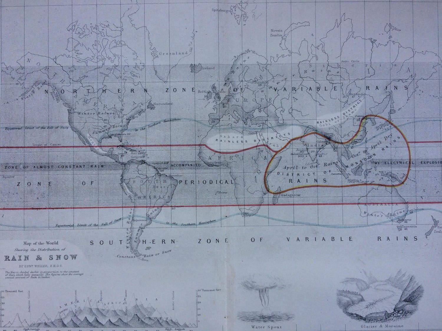 1871 Original Antique World Map showing the distribution of Rain and ...