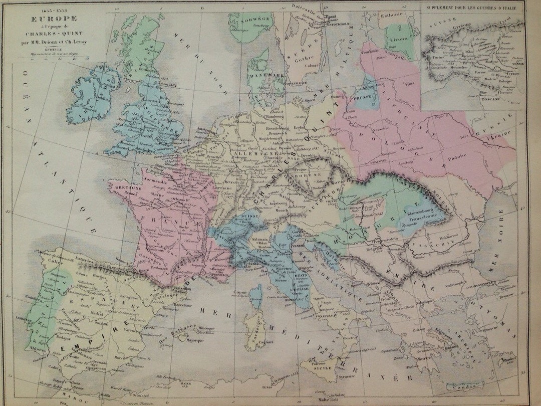 1866 Europe During the Era of King Charles V Original Antique Colour ...