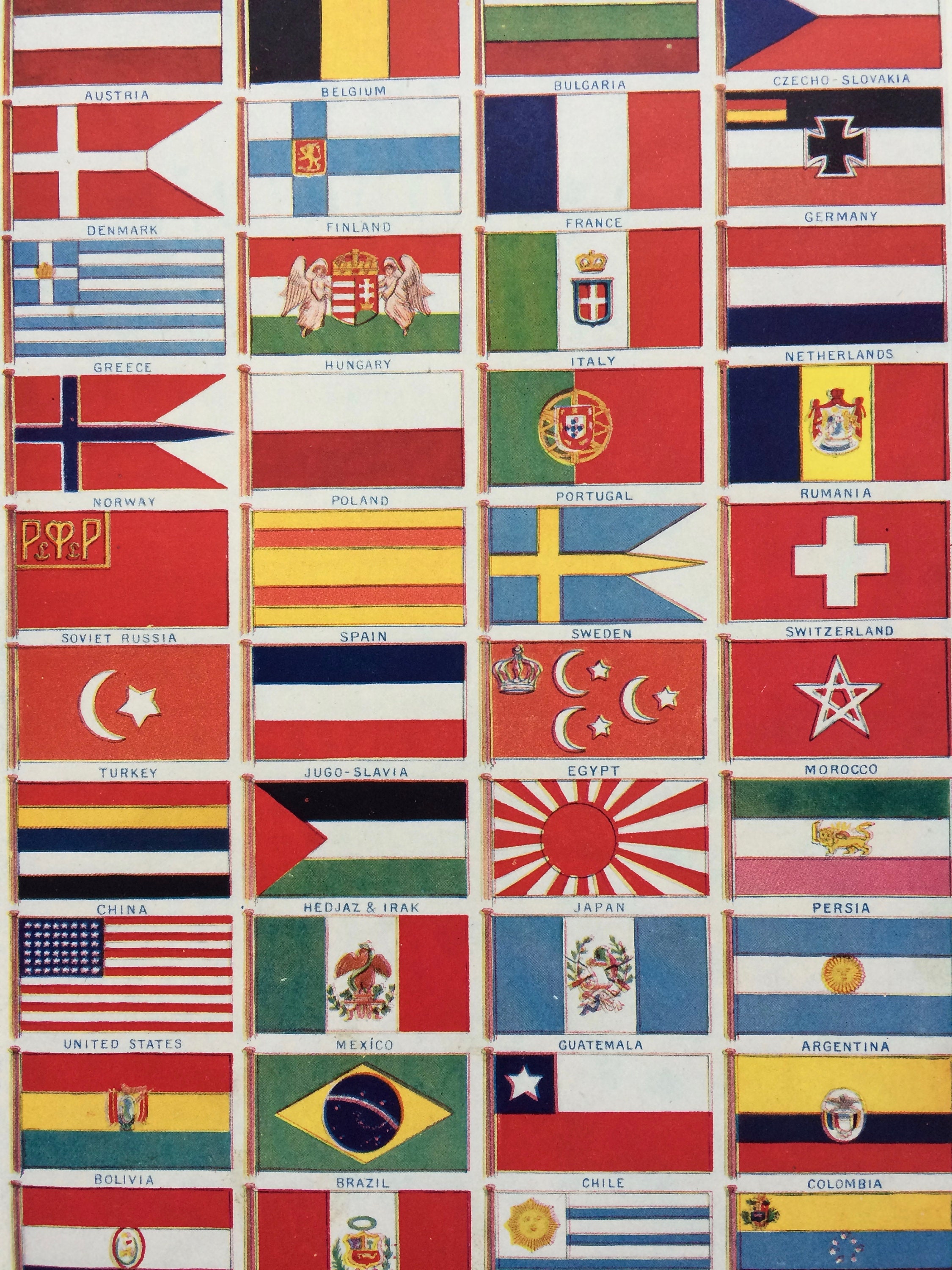 1940s Flags of Countries Old and New Original Antique Print - Mounted ...