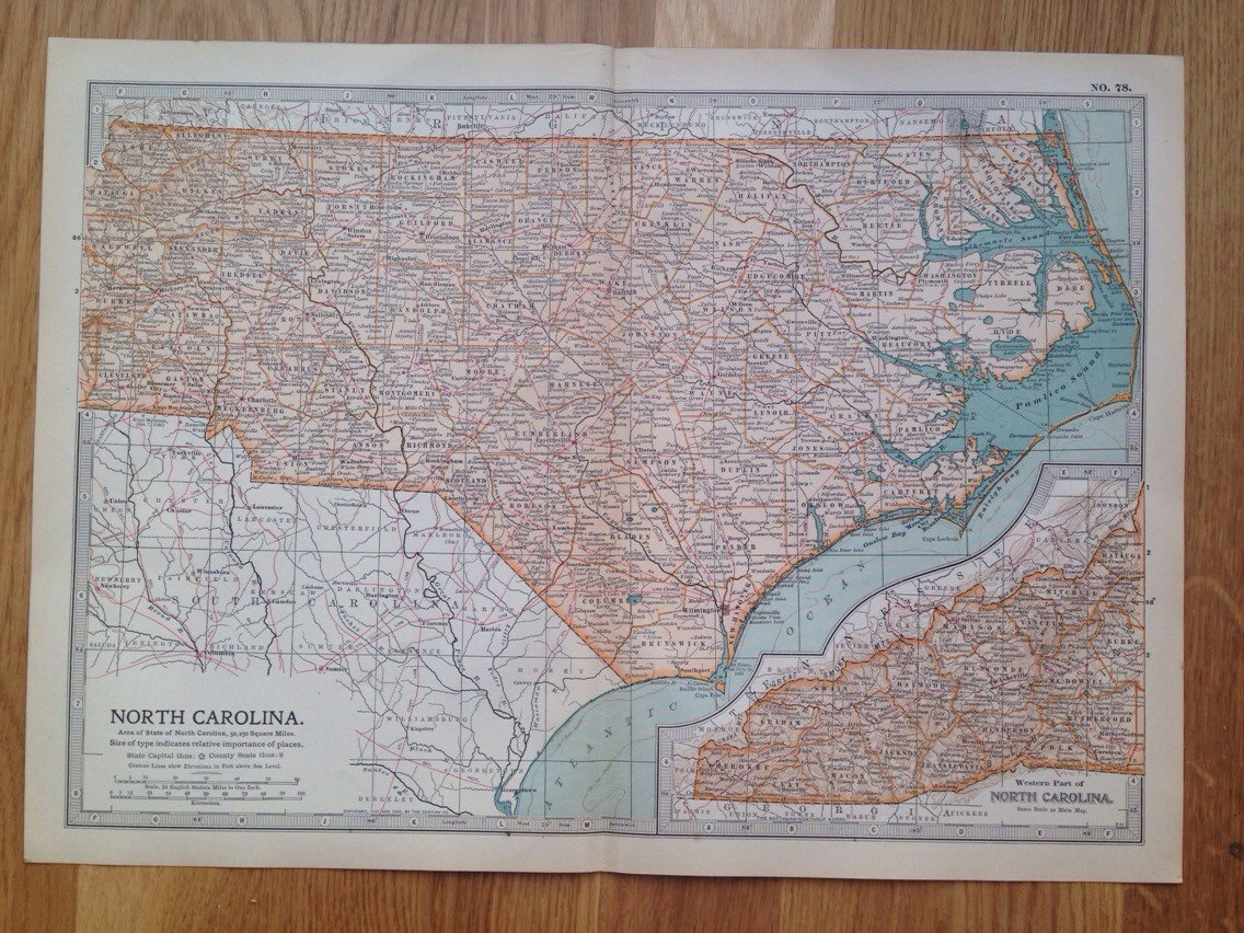 1903 North Carolina Original Large Antique Map - US State Map - NC ...