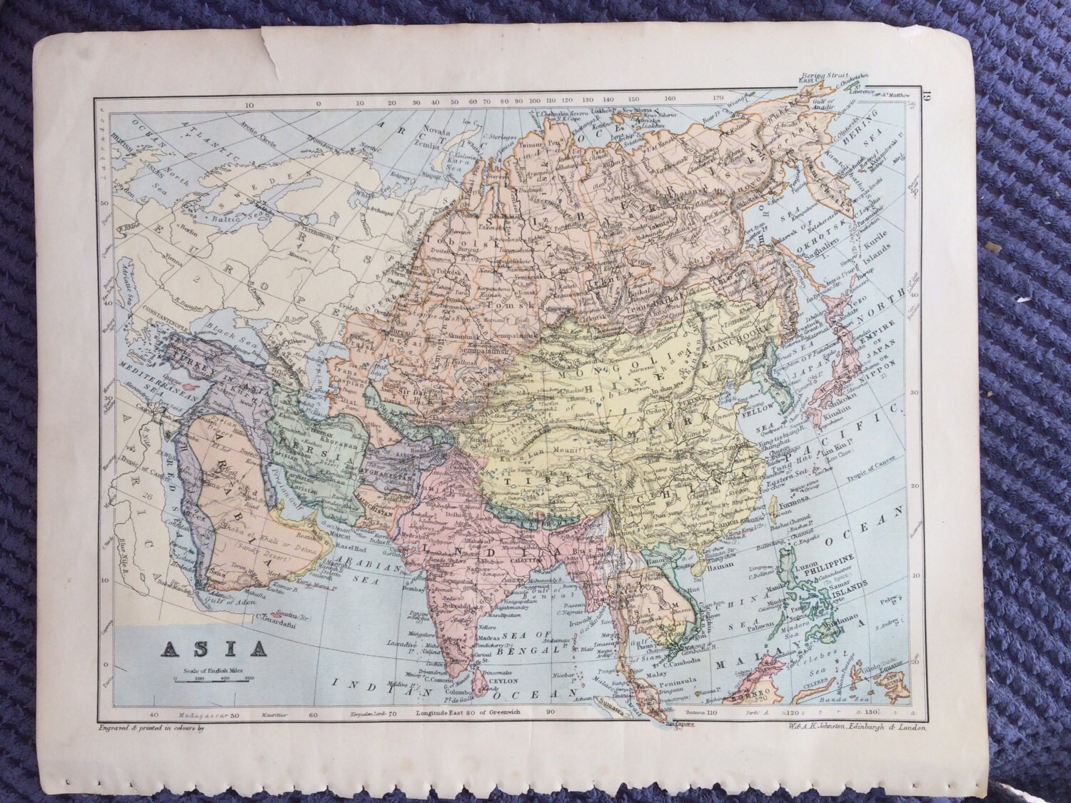 1890 ASIA Original Antique Map on Mercators Projection 11 x - Etsy España
