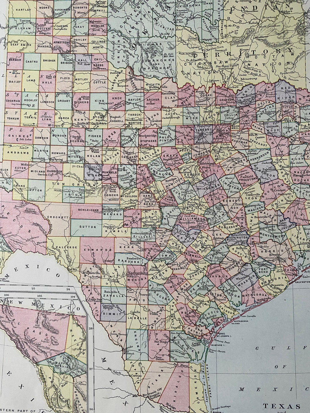 1875 Texas and Indian Territory Original Antique Map - US State ...