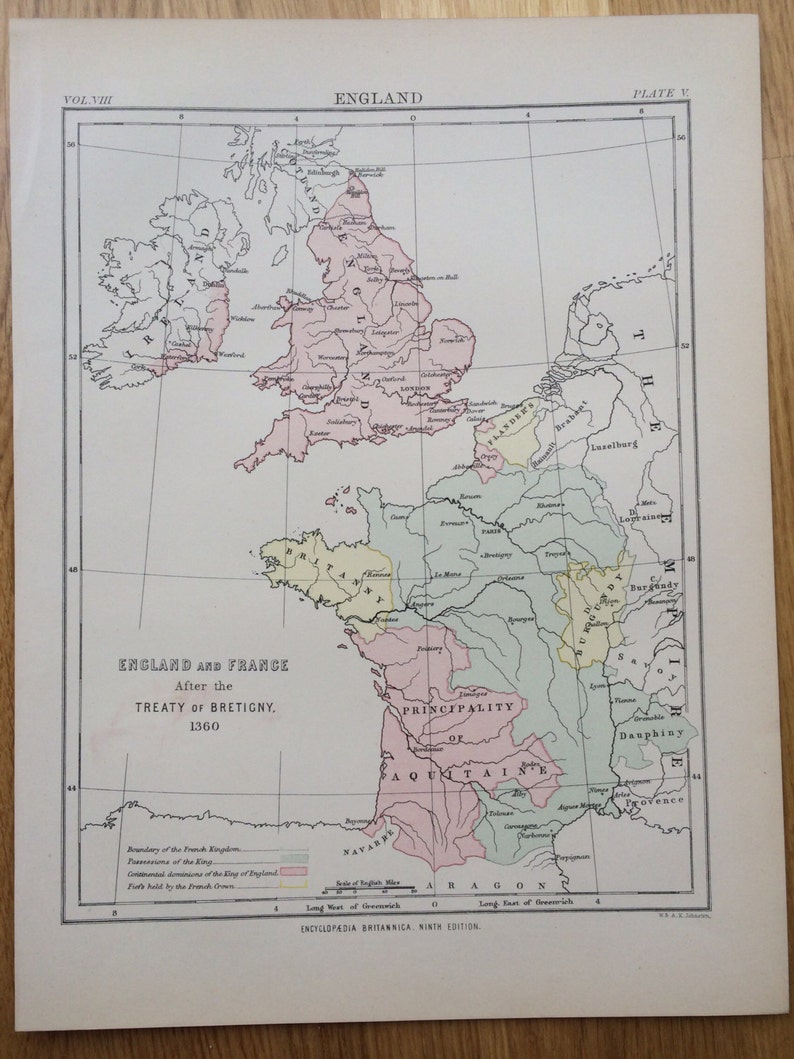 1875 England & France After the Treaty of Bretigny 1360 | Etsy