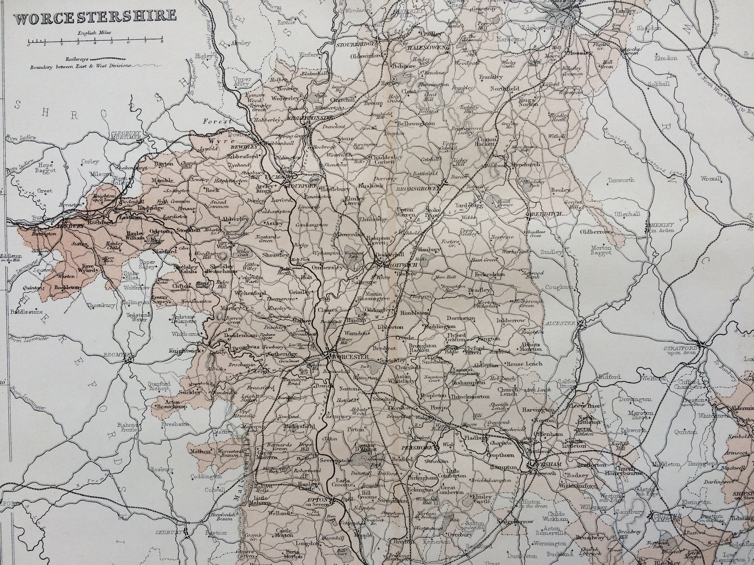 1868 WORCESTERSHIRE original antique map, english county, cartography ...