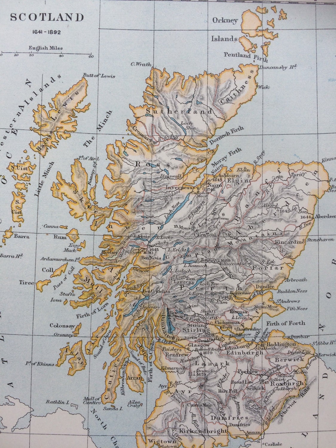 1905 Scotland 1641-1892 Original Antique Map, Military History, 10 x 12 ...