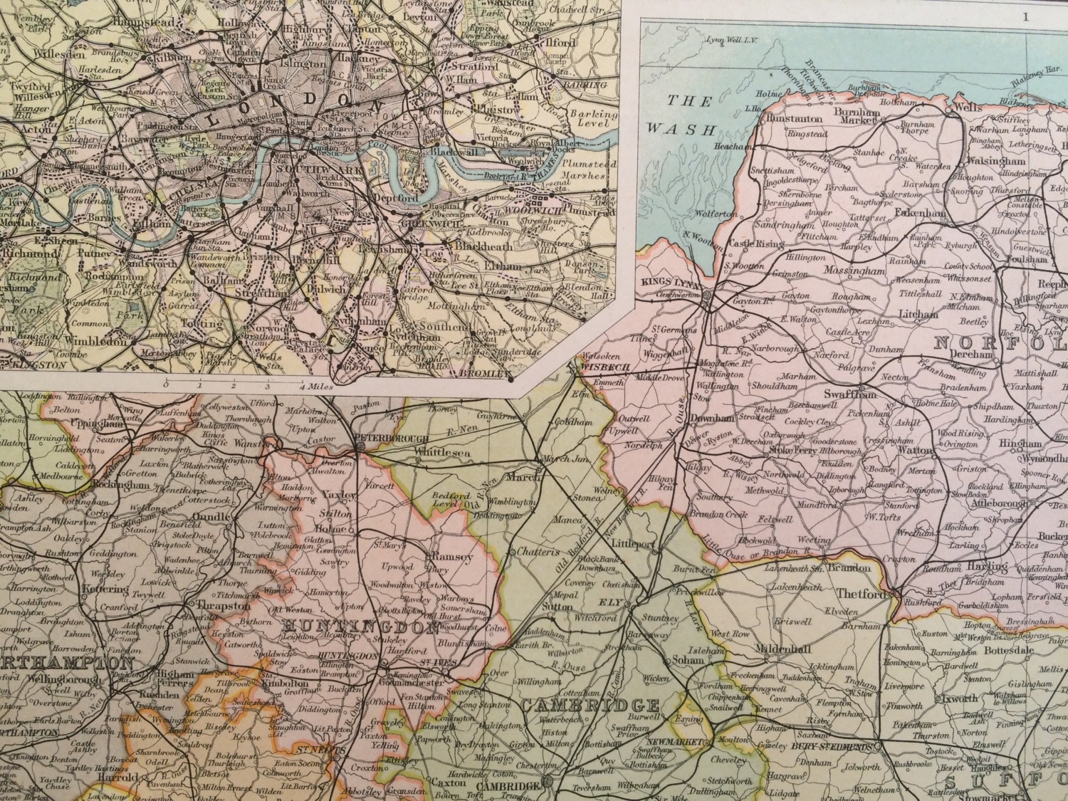 1898 ENGLAND (South east abs east anglia) Large Original Antique Map ...