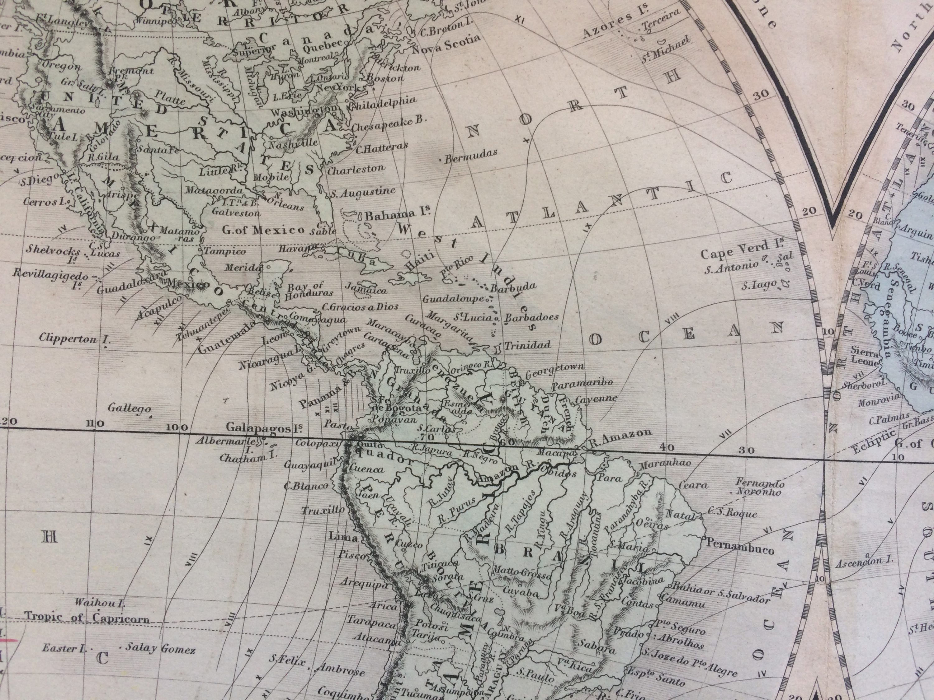 1870 Original Antique World Map showing Western and Eastern Hemispheres ...