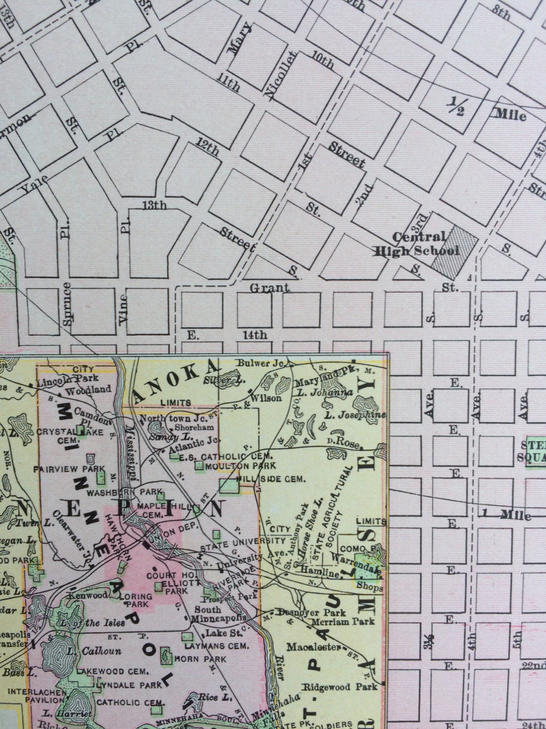 1898 MINNEAPOLIS Original Antique City Plan Map, 11 x 14 inches ...