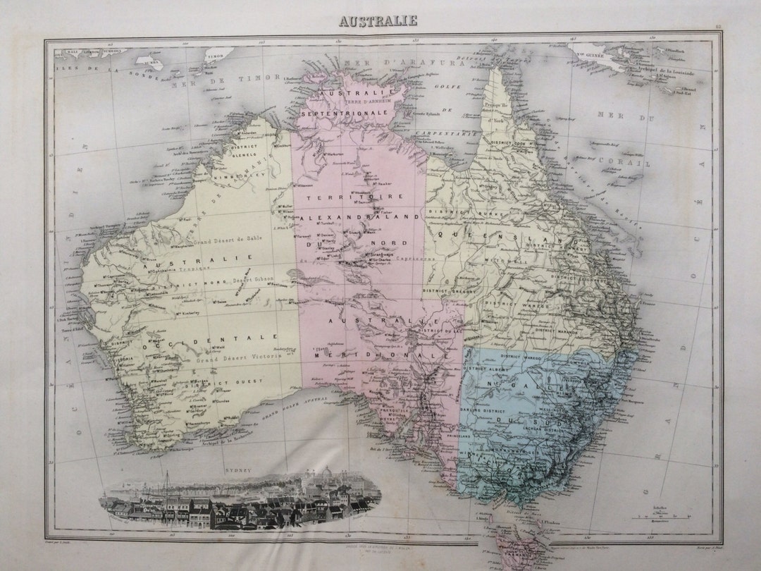 1892 Australia Original Antique Map With Inset Engraving of Sydney ...