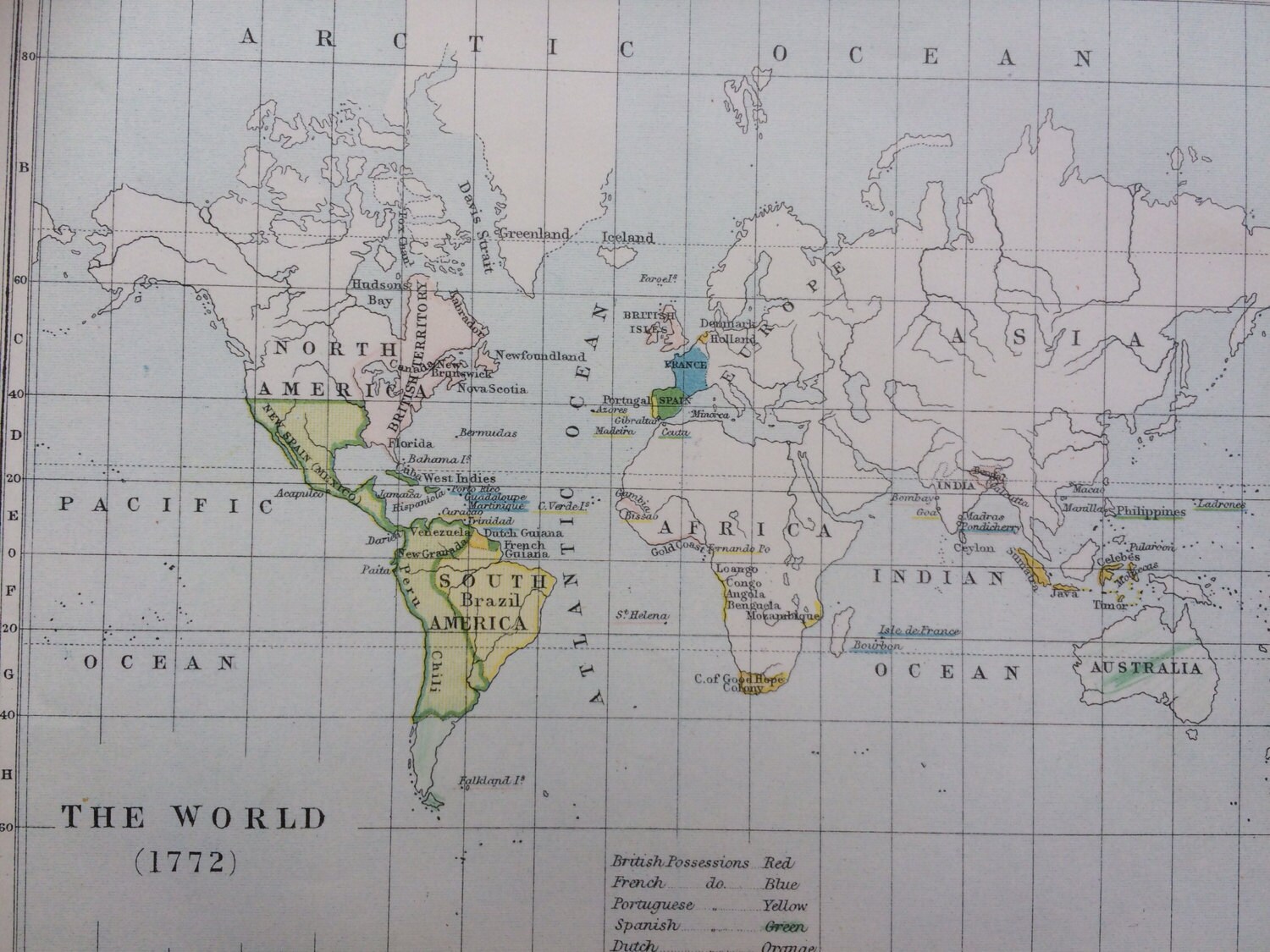 1905 The World In 1772 Original Antique Map Showing Colonial Powers 10 1905 The World In 1772 Original Antique Map Showing Colonial Powers 10