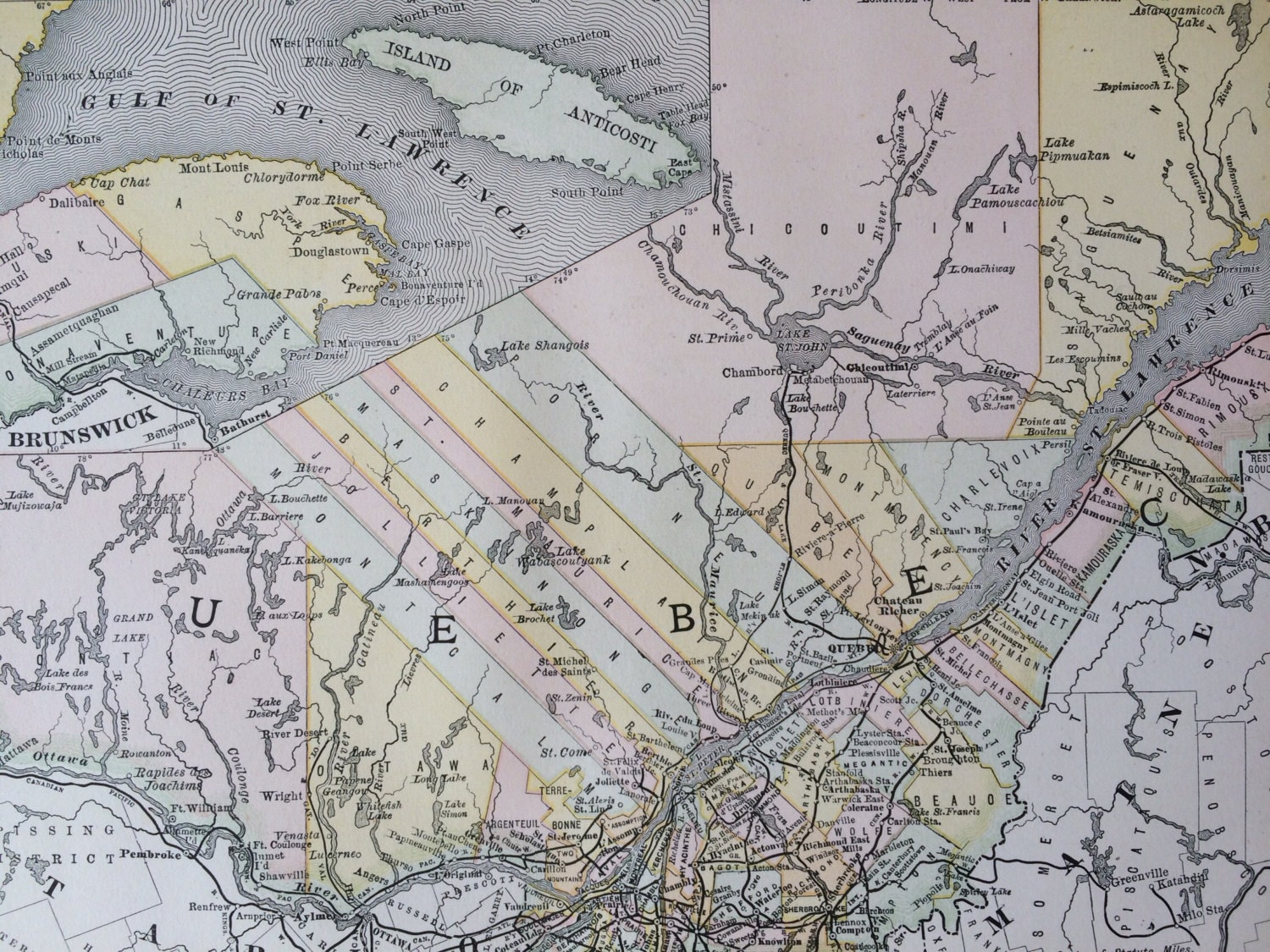 1891 QUEBEC Original Antique Map, 8.5 x 11.5 inches, Pastel Colours ...