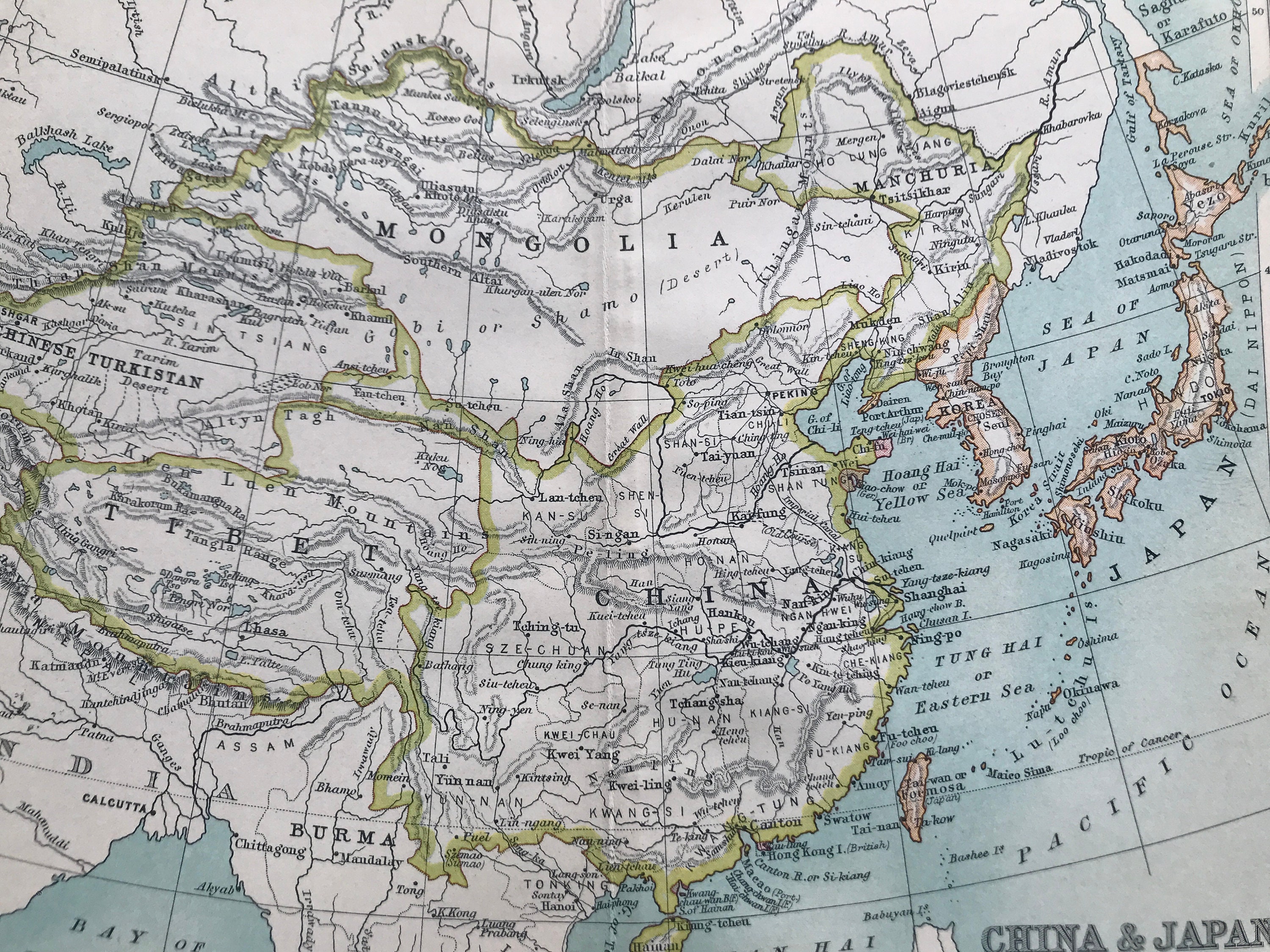 1912 China & Japan Original Antique Map - Mounted and Matted ...