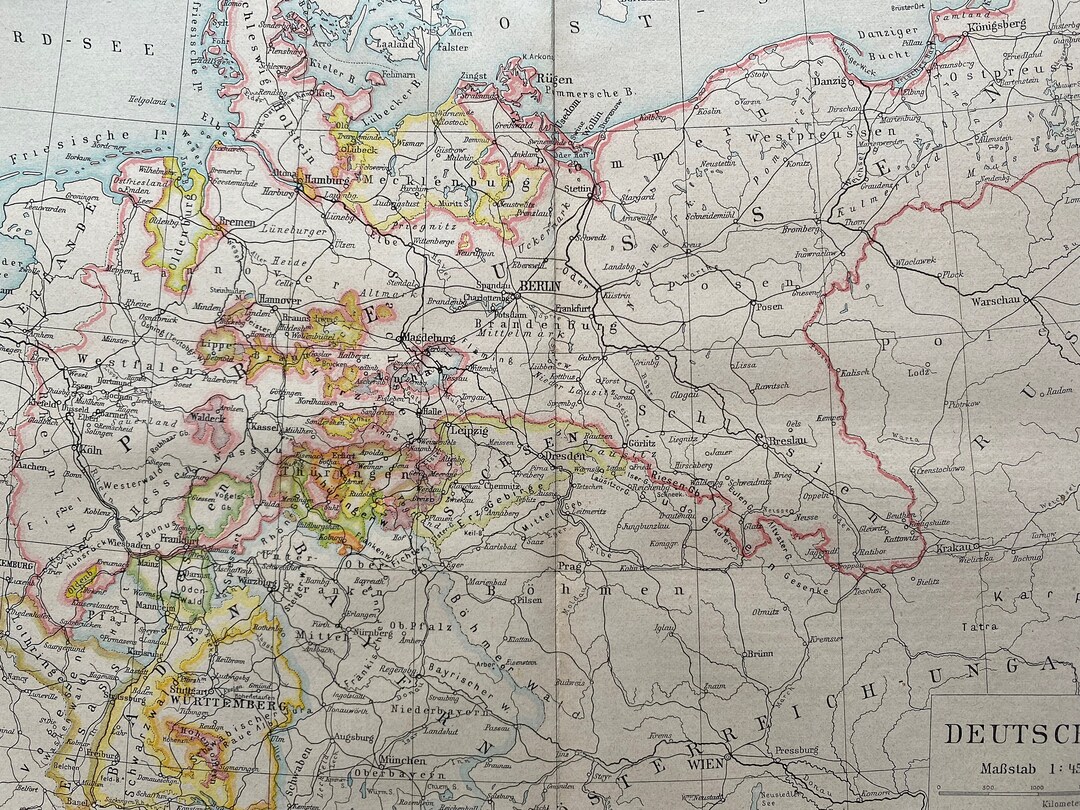 1900 Germany Original Antique Map Available Framed - Etsy