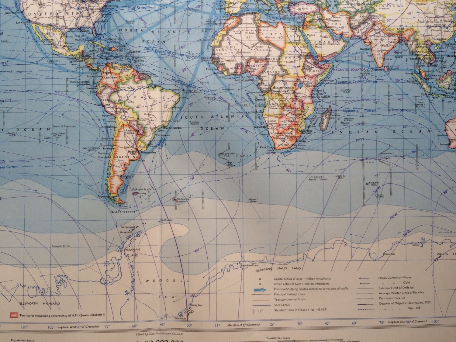 1958 Extra Large Original Vintage World Map depicting World Surface ...
