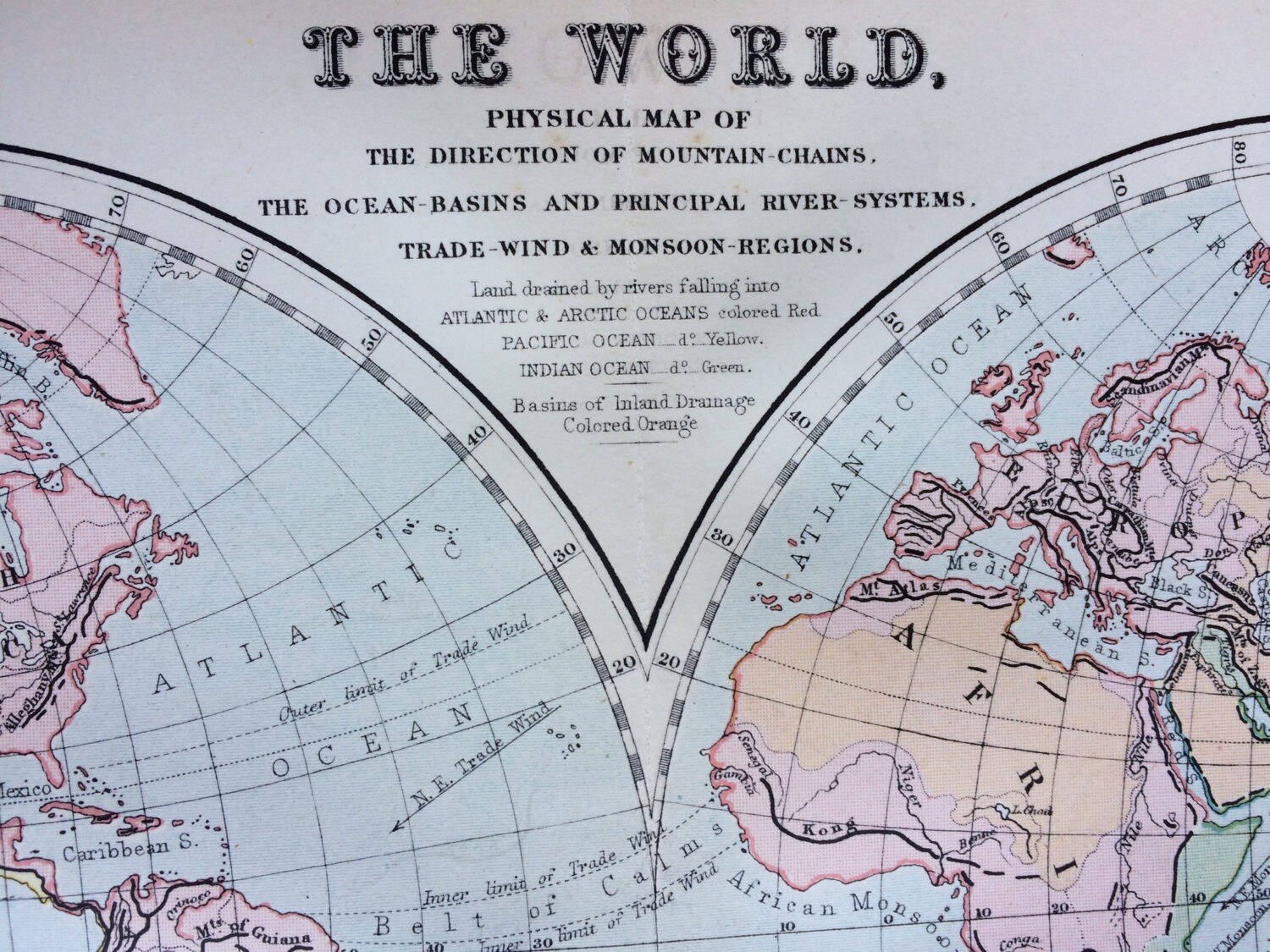 1891 Original Antique World Map Map of the World Physical Map 9 x 12 ...