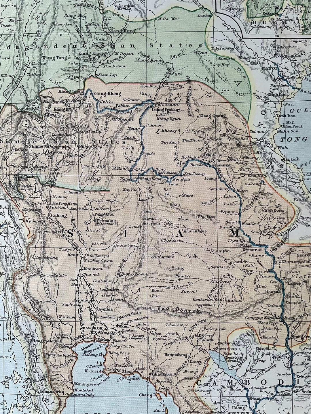1875 Siam and Independent Shan States Original Antique Map - Thailand ...