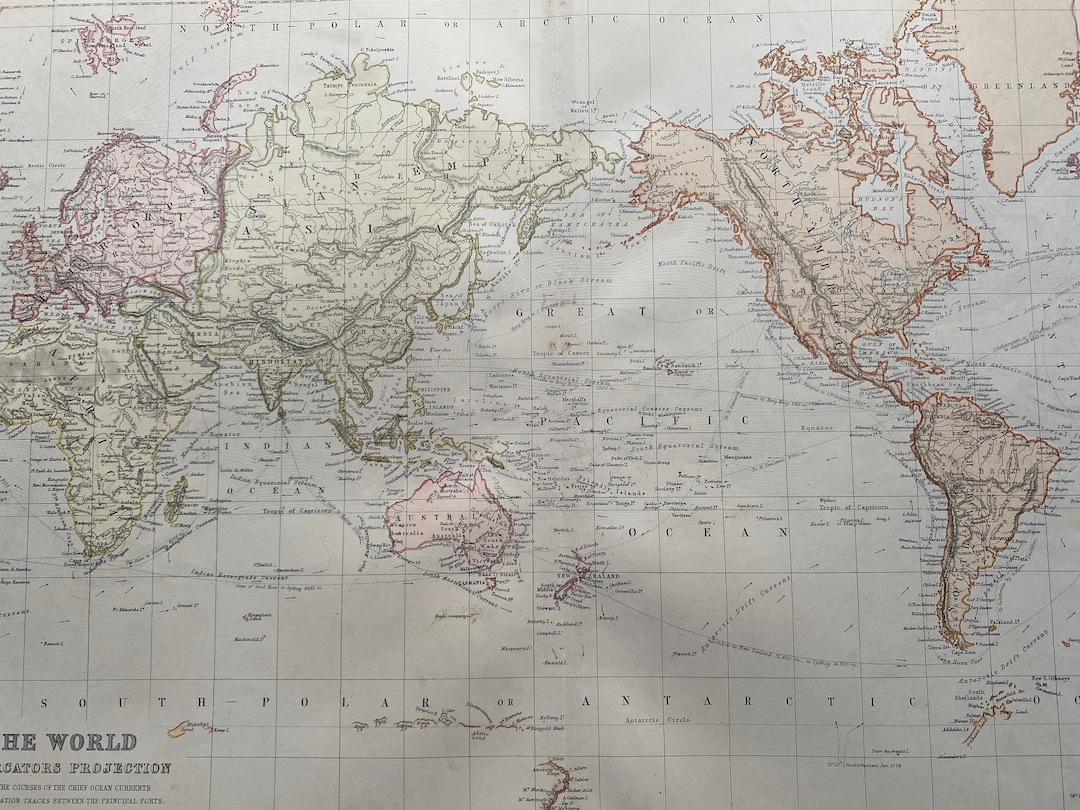 1882 the World on Mercator's Projection Showing Ocean Currents and ...