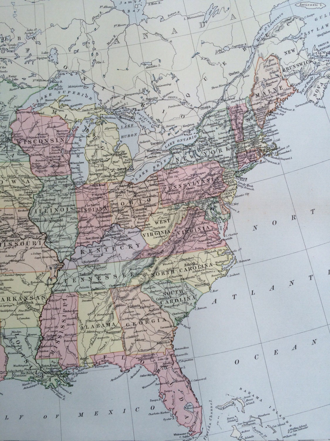 1892 UNITED STATES (East) Original Antique Map, 10.5 x 12.5 inches ...