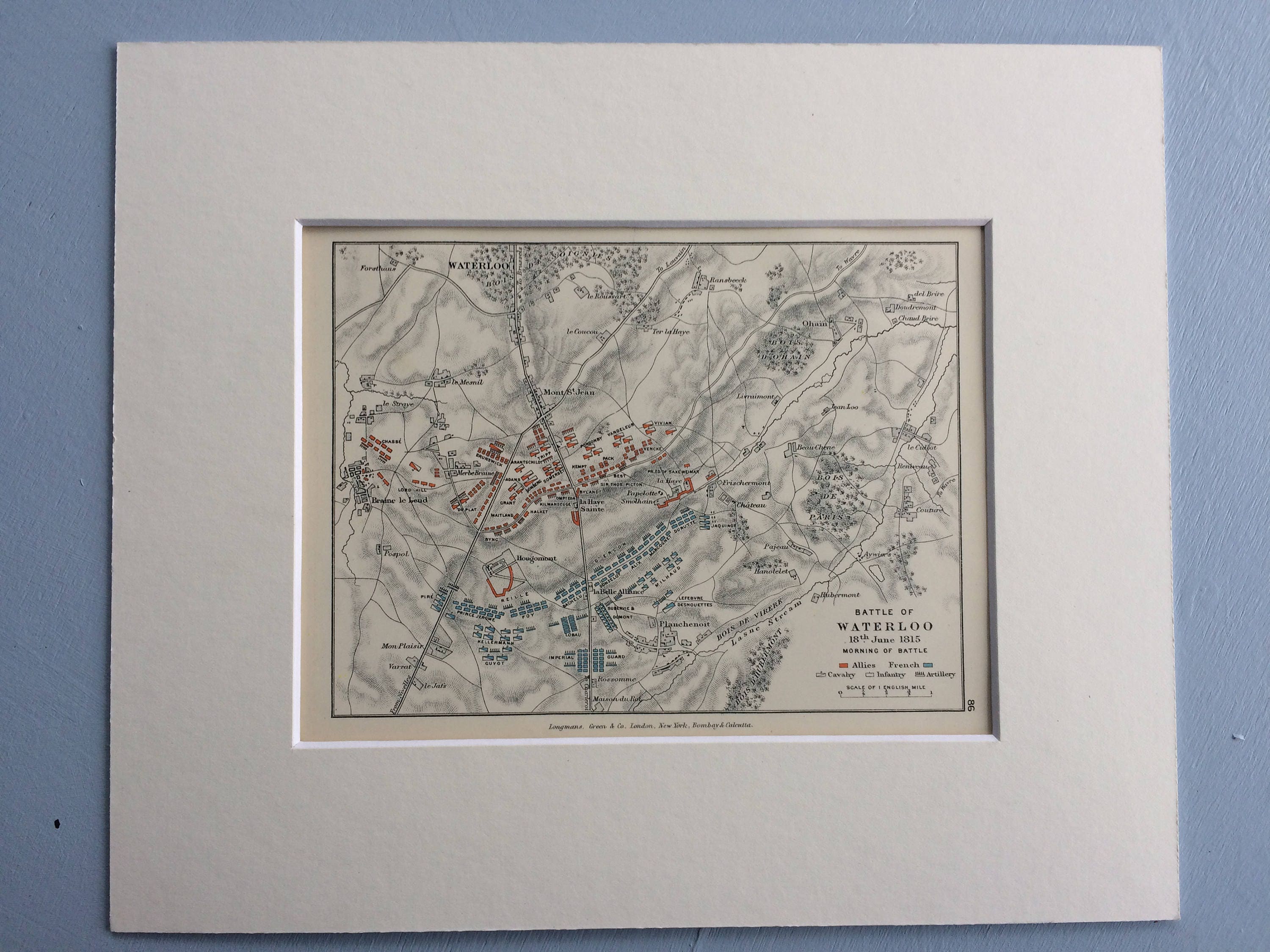 1910 Battle of Waterloo Original Antique Map showing cavalry, artillery ...