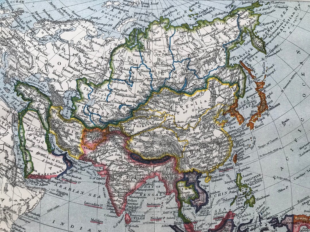 1880 Asia Original Antique Map Mounted and Matted - Etsy