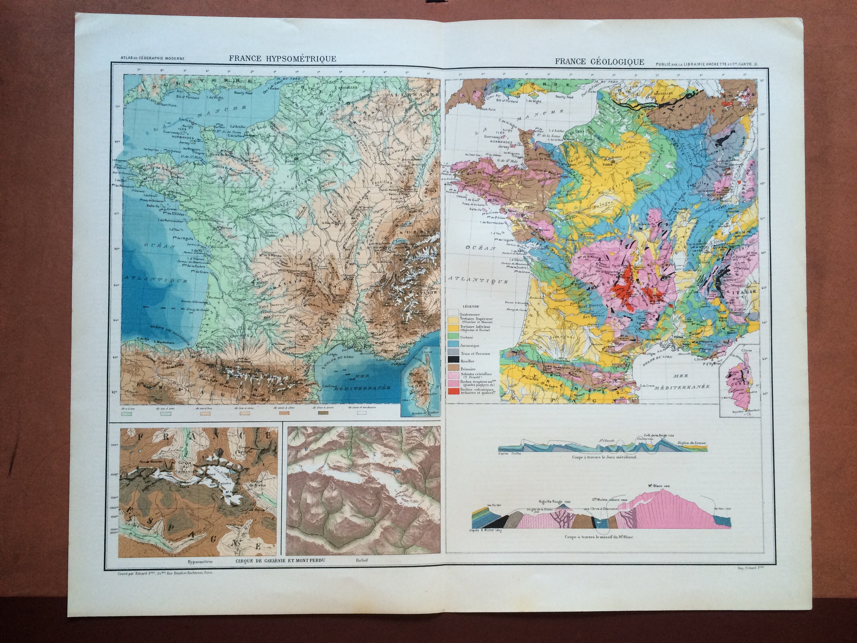 1892 France (Geological and Hypsometric) Large Original Antique Map ...
