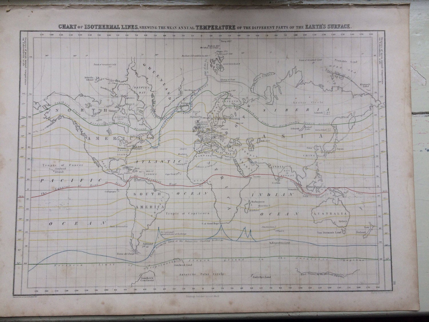 1859 large rare original antique A & C Black Map - Chart of Isothermal ...