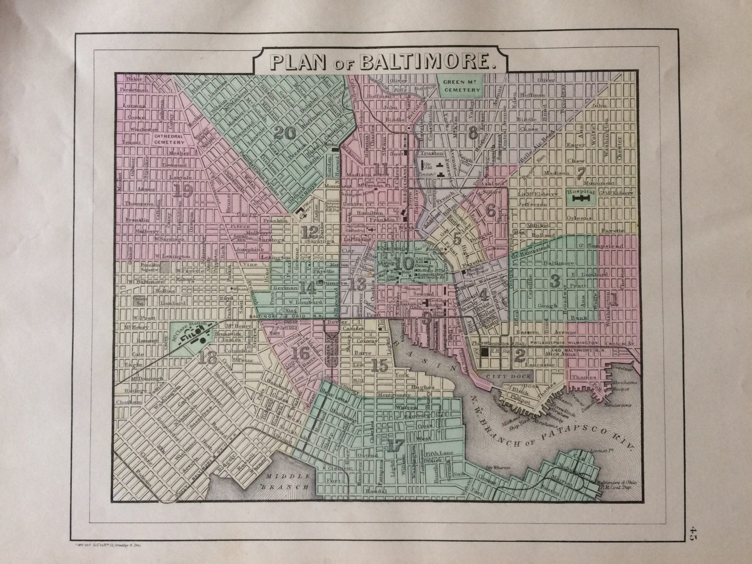 1888 BALTIMORE large rare original antique Mitchell Map - City Plan ...