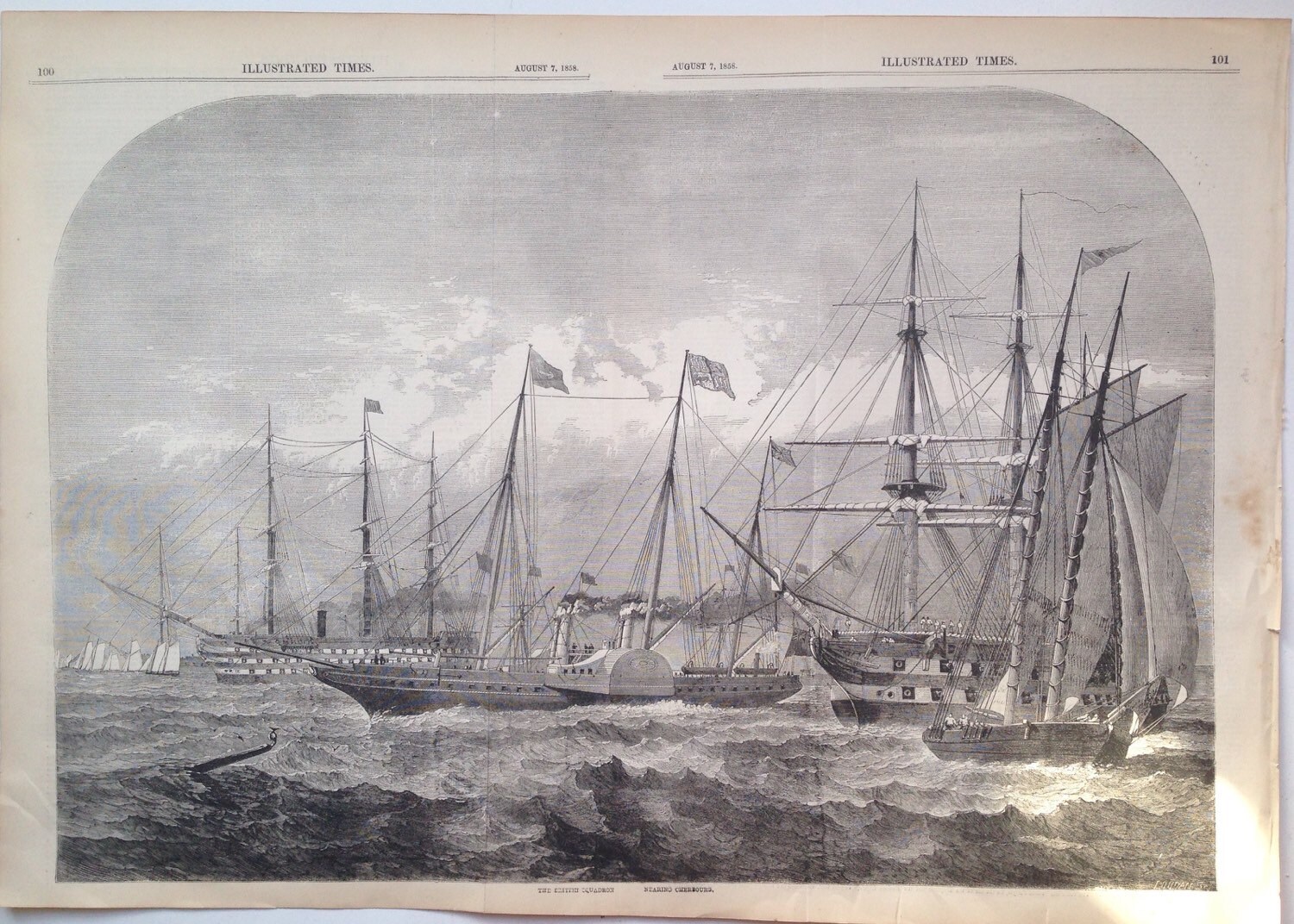 1858 British squadron nearing Cherbourg Large Original Antique ...