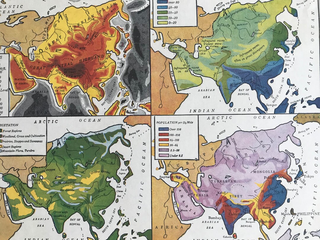 1940s Asia Facts Original Vintage Map Showing Population, Vegetation ...