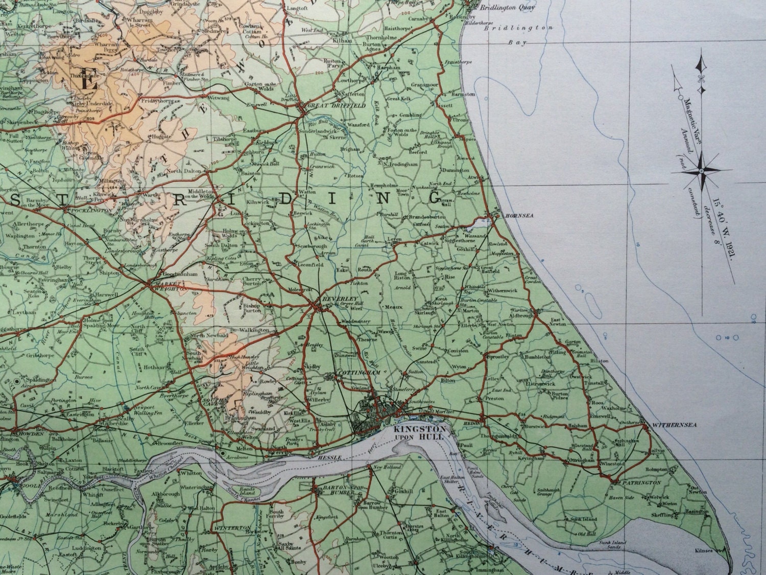 1922 original antique ordnance survey map of England, Yorkshire, East ...