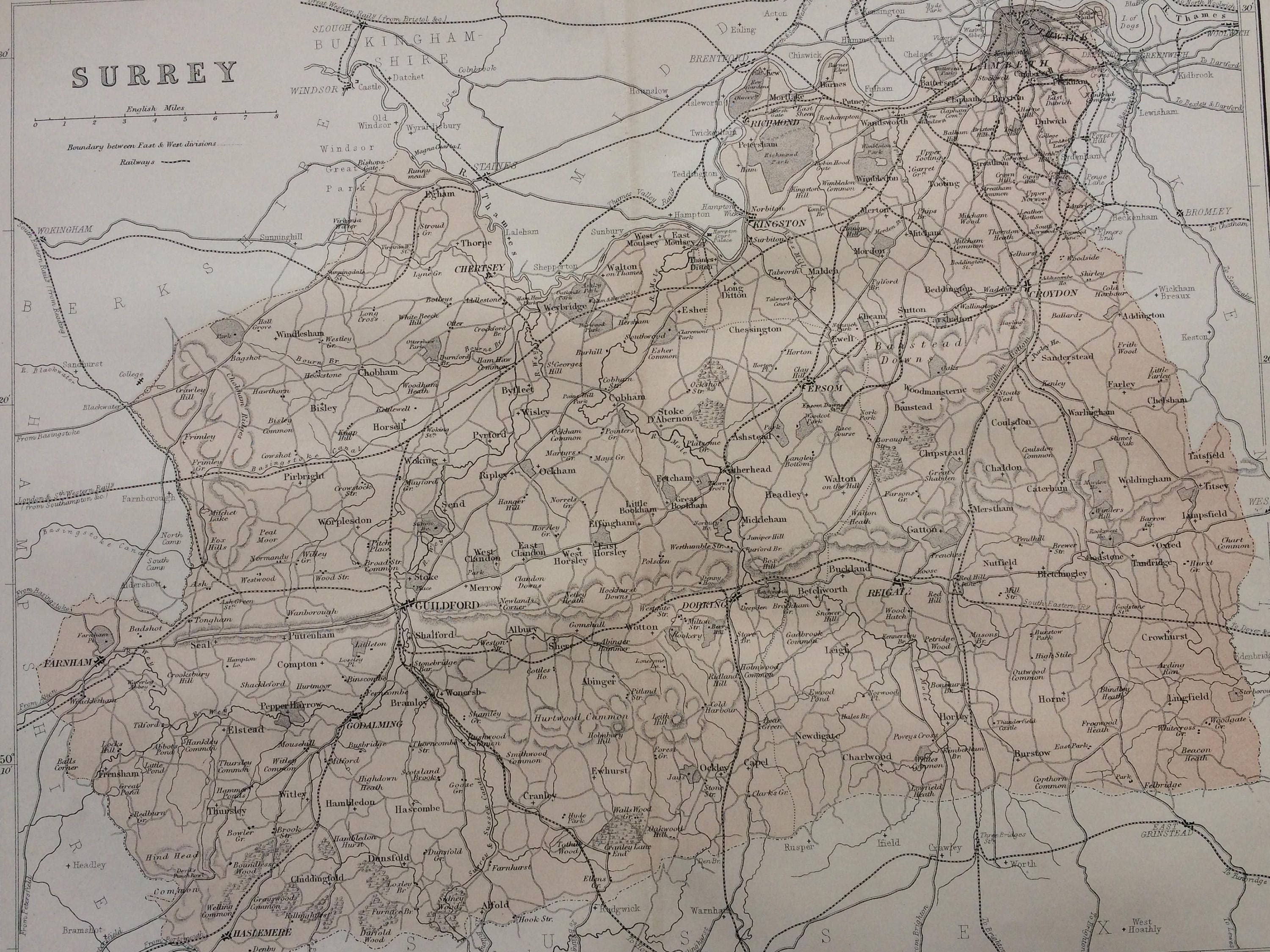1868 SURREY original antique map, english county, cartography ...