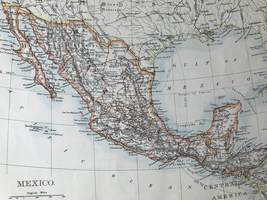 1906 MEXICO Original Antique Map, Historical, Double-sided, Southern US ...
