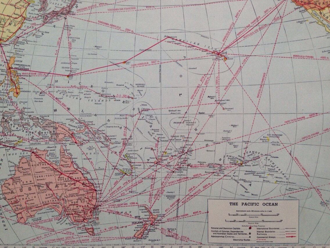 1940s THE PACIFIC OCEAN original vintage map - showing distances ...