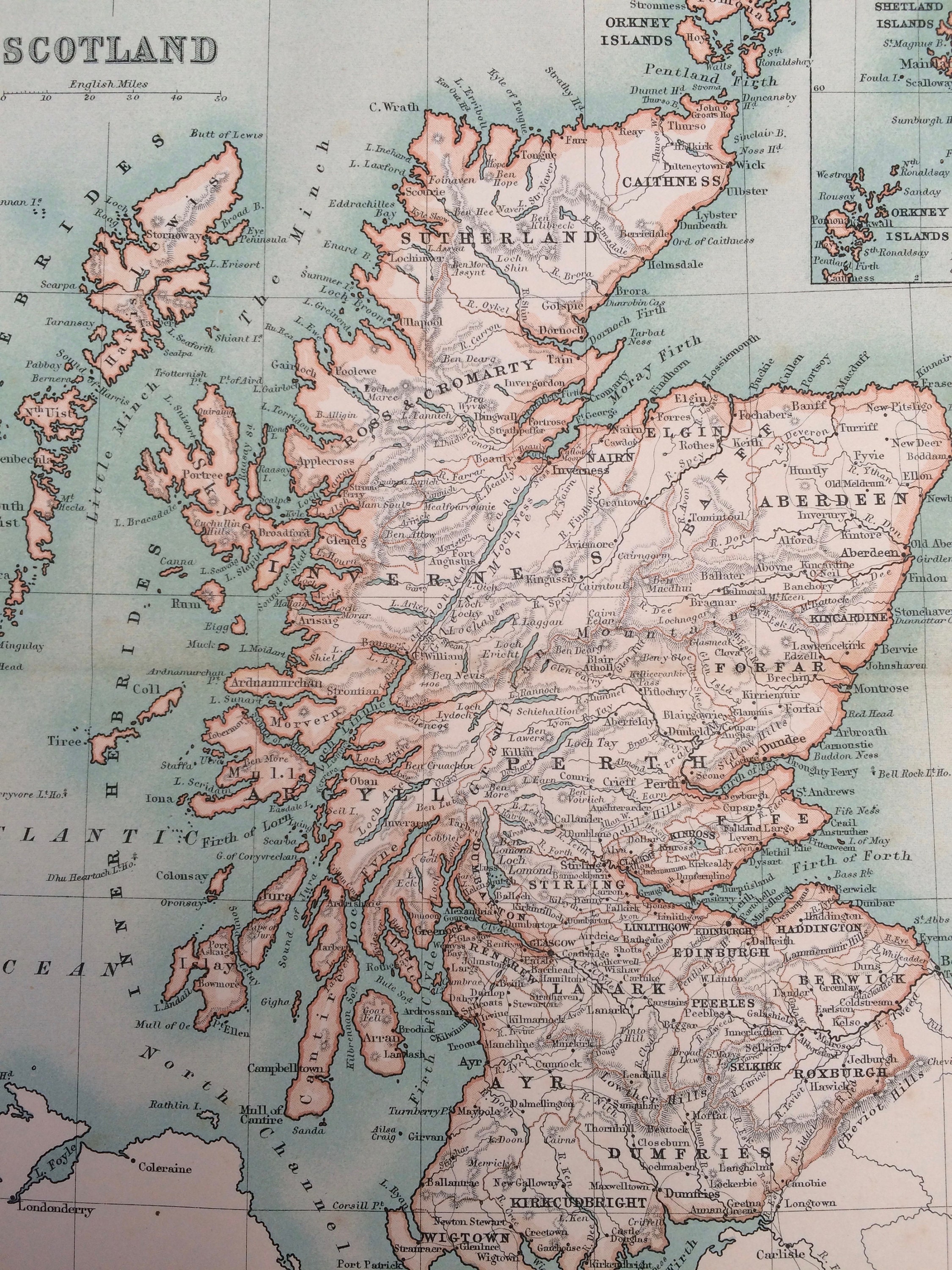 1880 Scotland Original Antique Map, 10 x 12 inches - Matted and ...