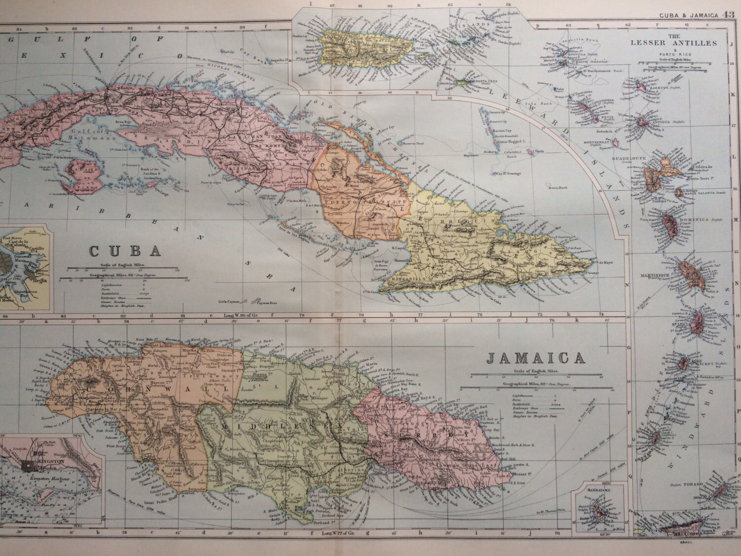 1898 CUBA & JAMAICA large original antique map, 21.5 x 13.5 inches ...