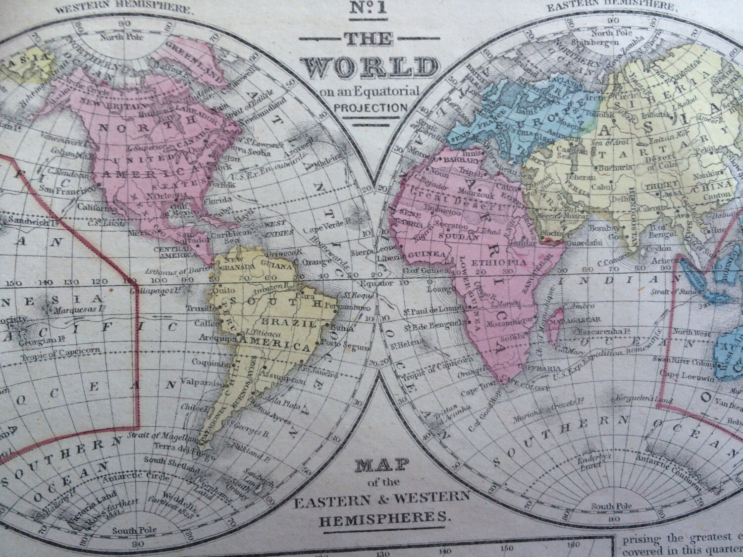 1855 Original Antique hand coloured Hemisphere World Map on polar and ...