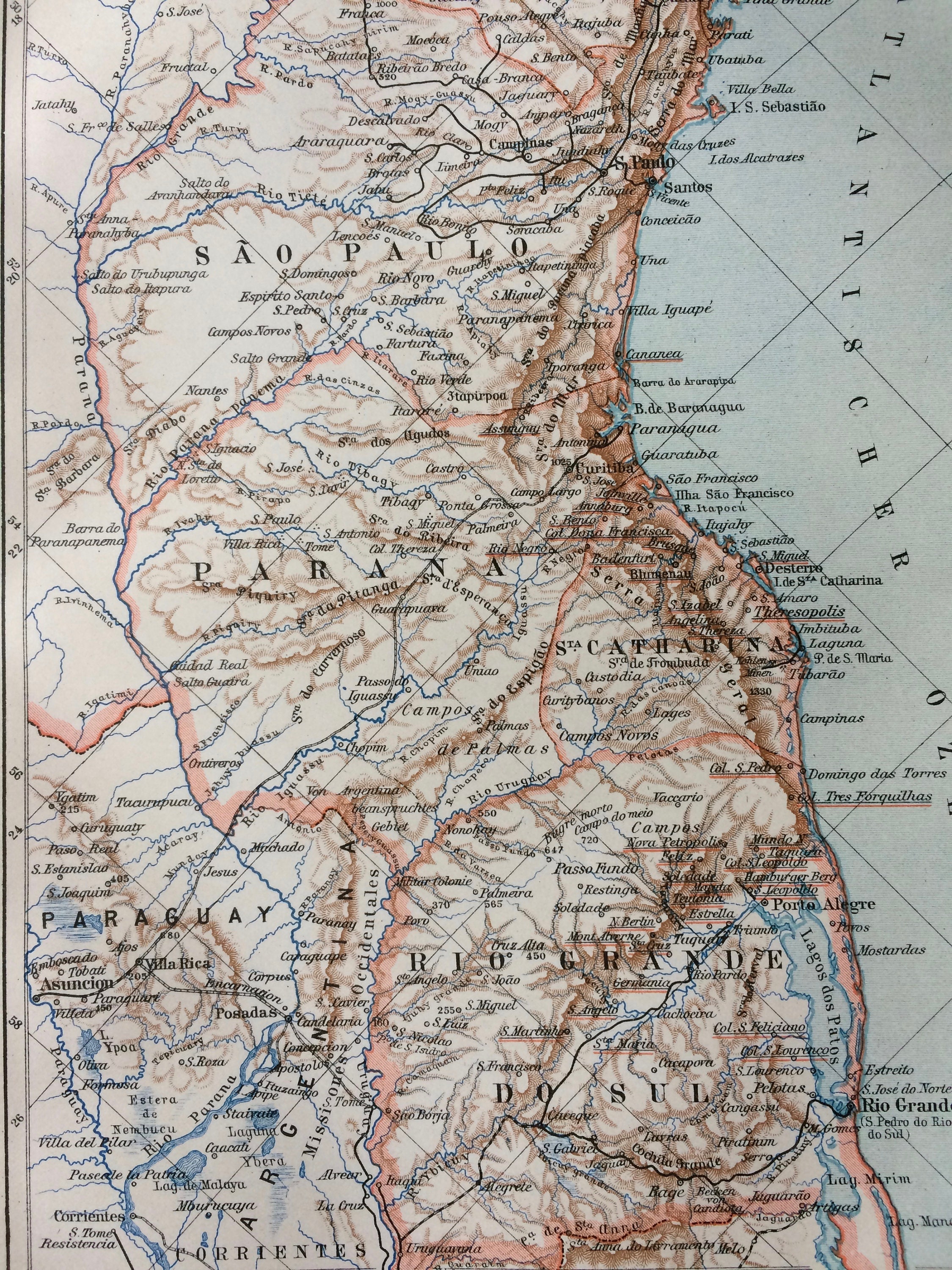 1895 Southern Brazil Small Original Antique Map - South America - Sao ...