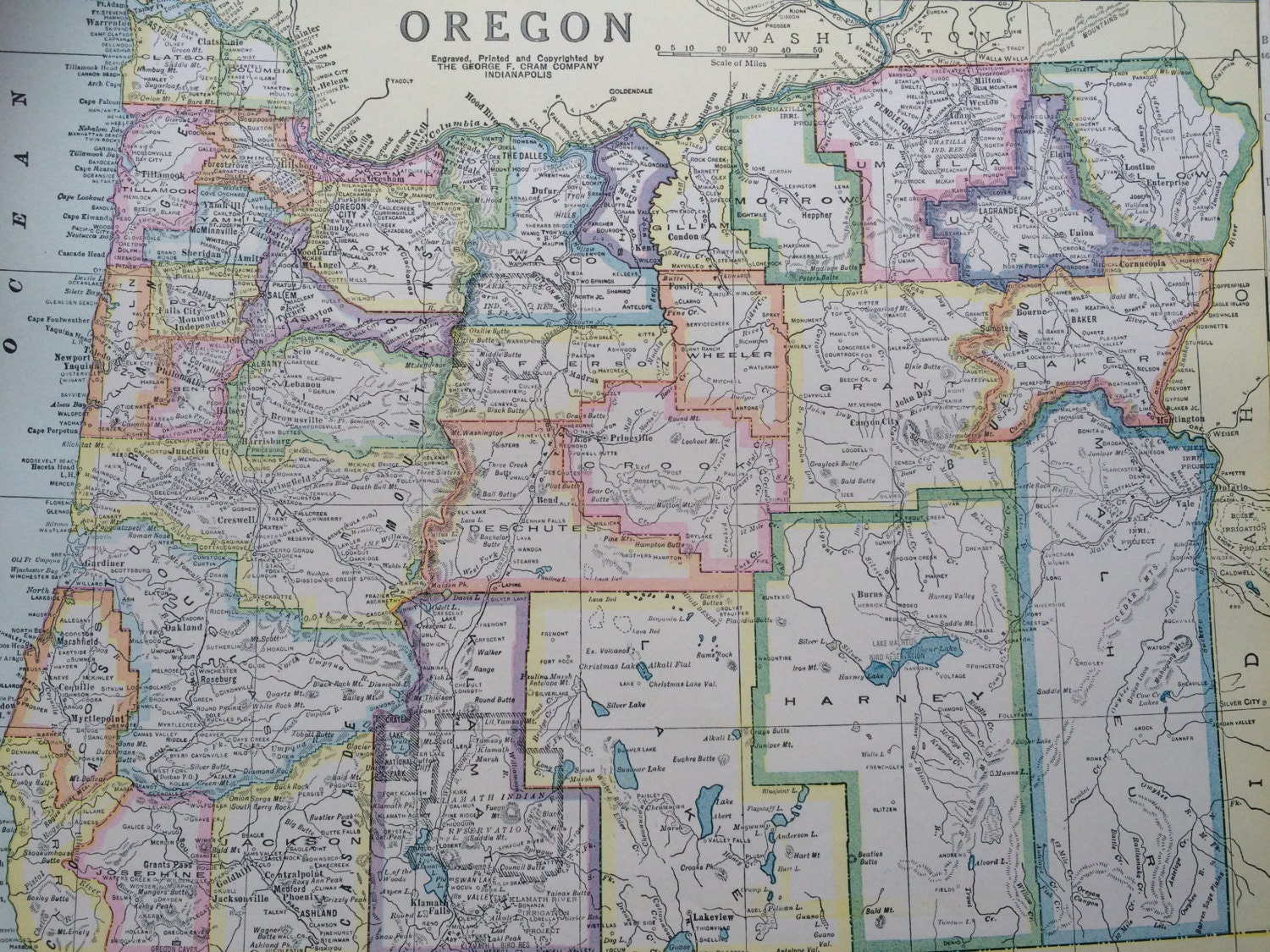 1936 OREGON Original Antique Map, 11.5 x 14.5 inches, US State map ...