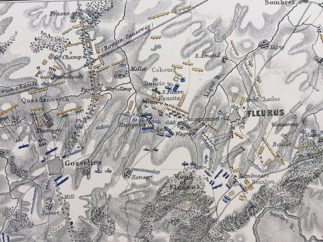 1875, Battle of Fleurus - 1794, Original Antique Map - French,austrian ...