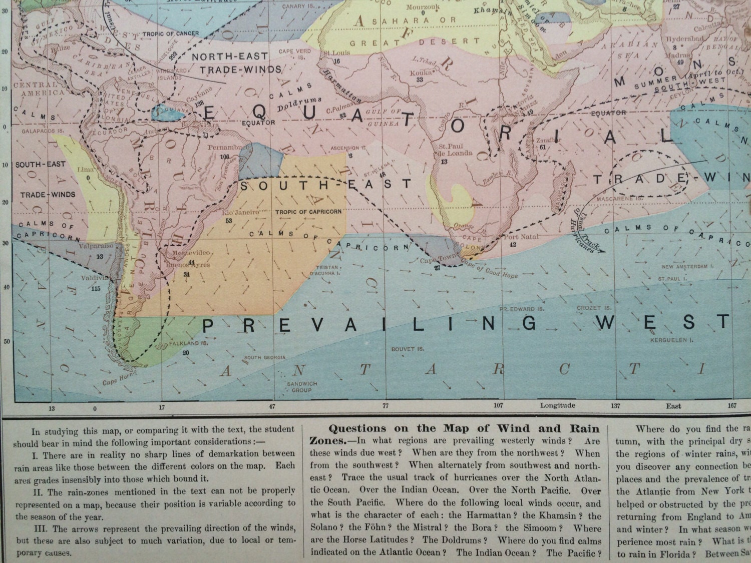 1887 Air Currents & Rain Seasons Large Original Antique World Map, 11. ...
