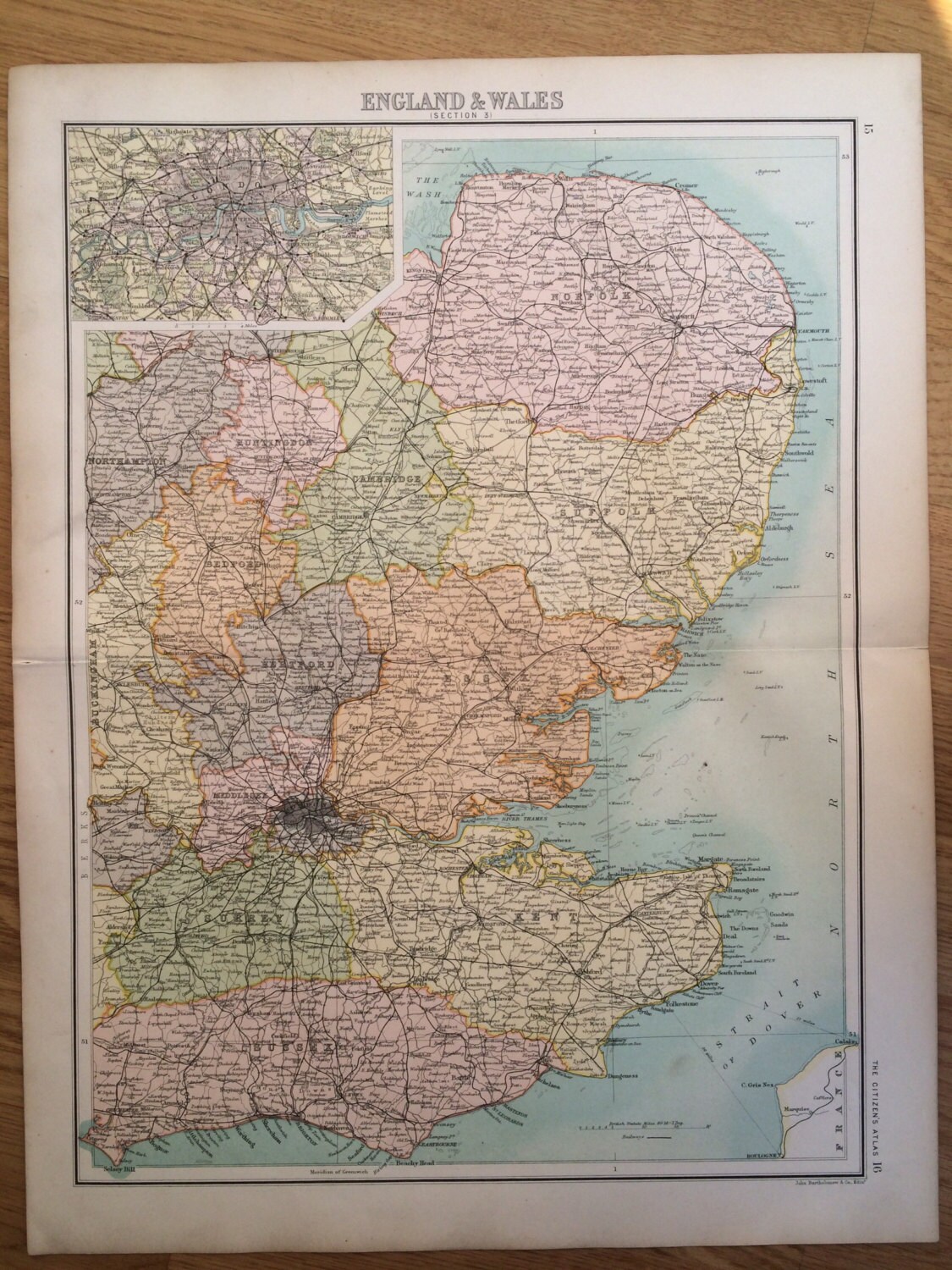 1898 ENGLAND (South east abs east anglia) Large Original Antique Map ...